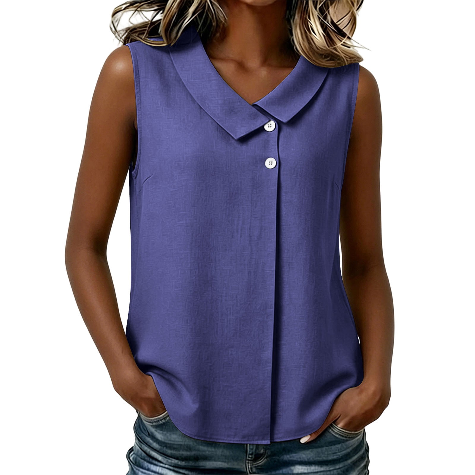 Avirosel Women's Solid Color Linen Sleeveless Lapel Collar Button Down ...