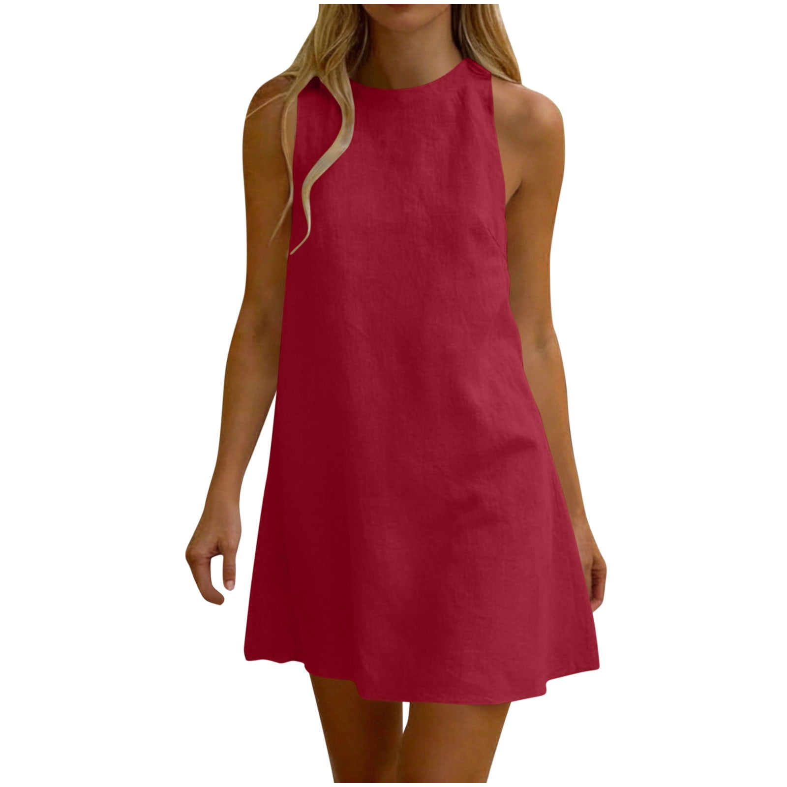 Avirosel Women's Tank Dress Casual Cotton Linen Crew Neck Sleeveless ...