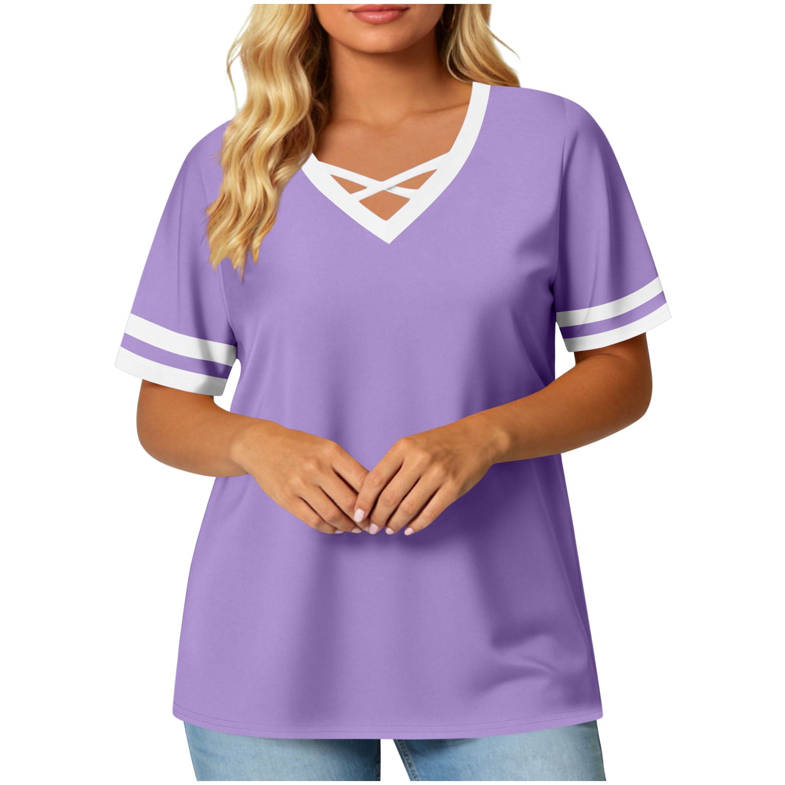 Avirosel Women's V Neck Color Block T Shirts Loose Fit Short Sleeve ...
