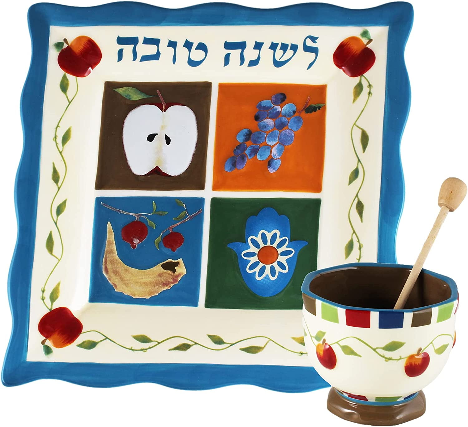 Aviv Judaica Rosh Hashanah Honey Dish Set Decorative Ceramic Plate ...