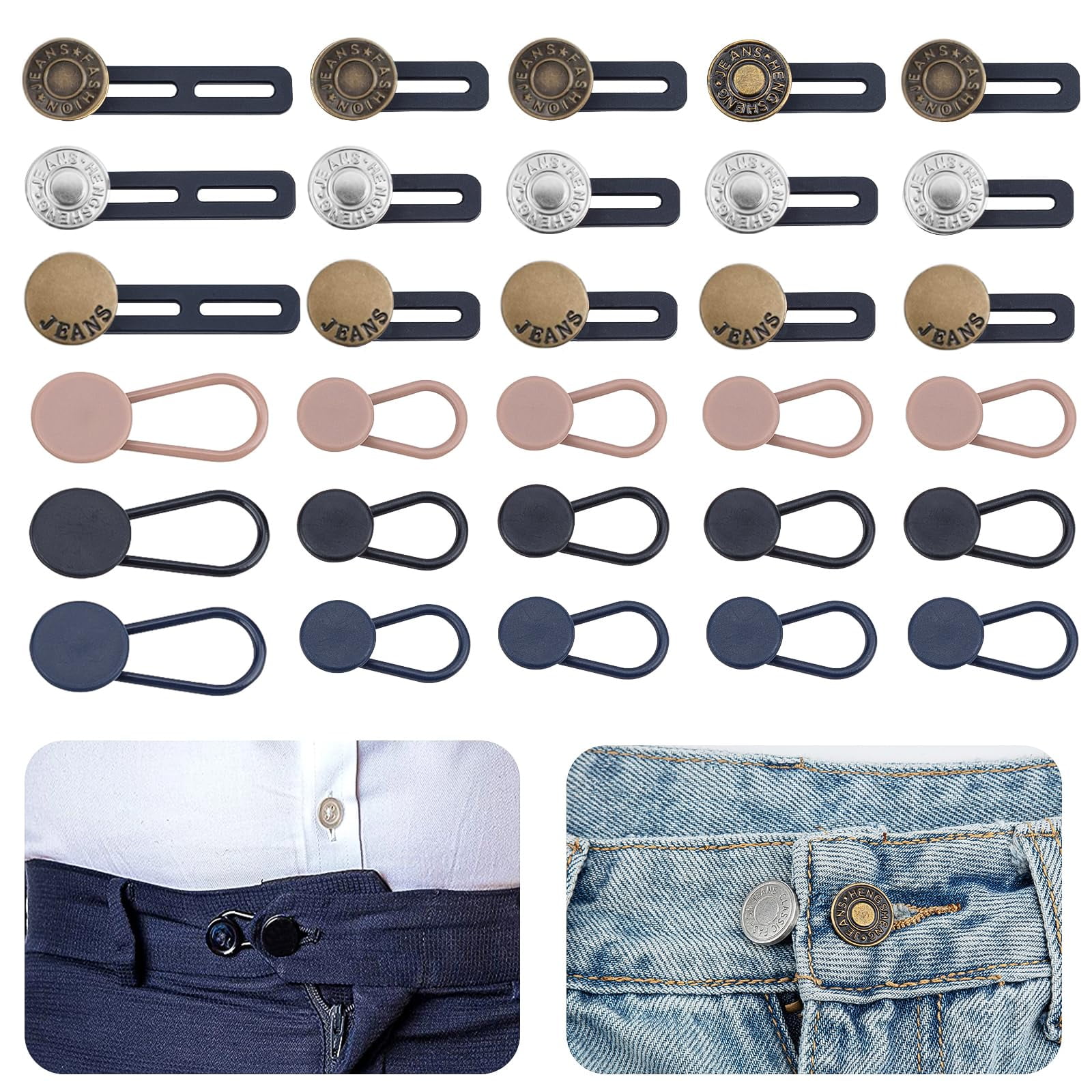 Avky 30PCS Button Extenders for Jeans, 6 Styles Waist Button Extender ...