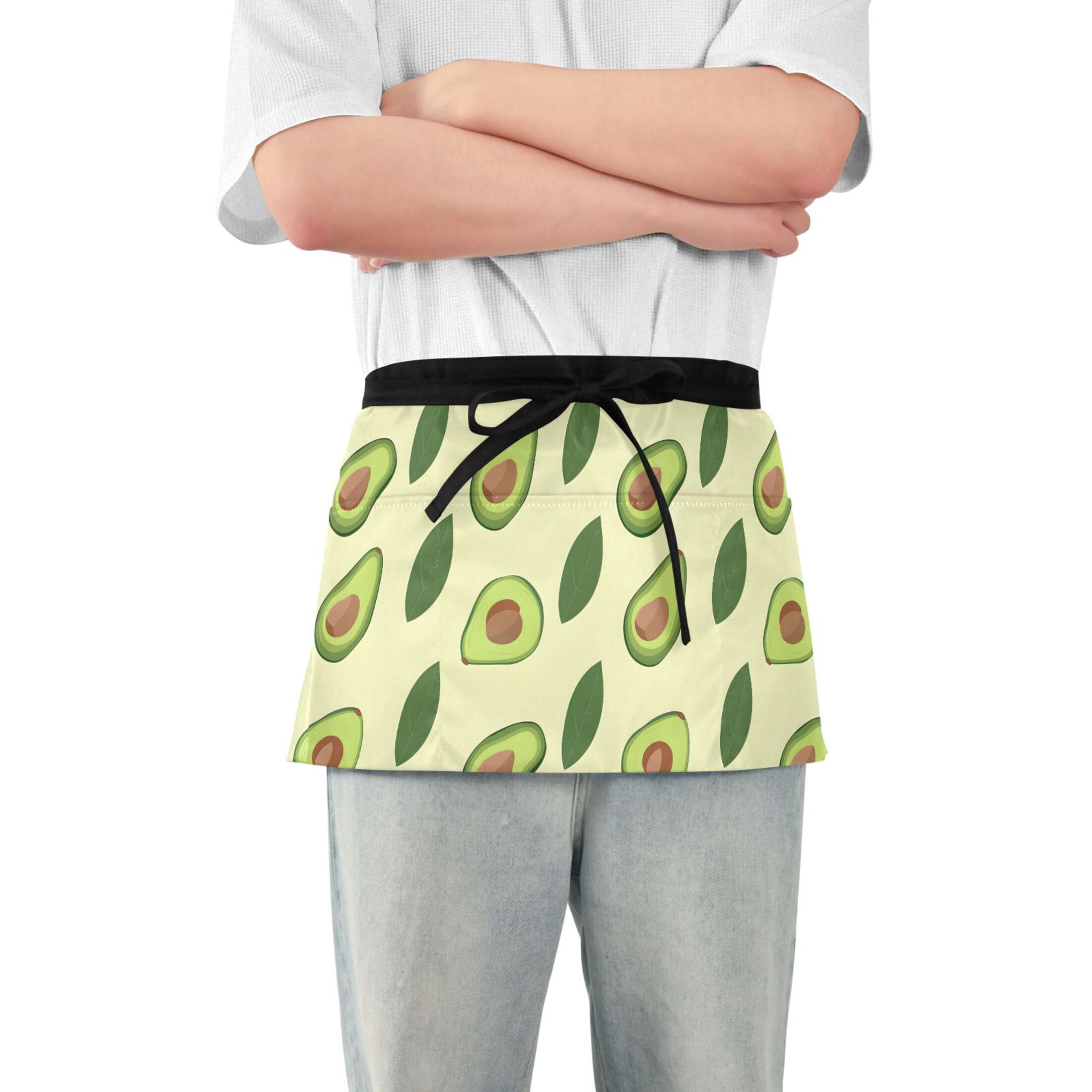 Avocado Fruit and Leaf Server Apron with 3 Pockets Waterproof Waitress Waist Short Apron for Man ...