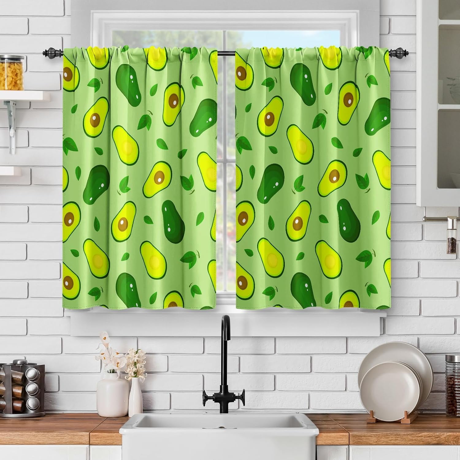 Avocado Green Kitchen Curtains: Farmhouse Rustic Nature Fruit Short ...