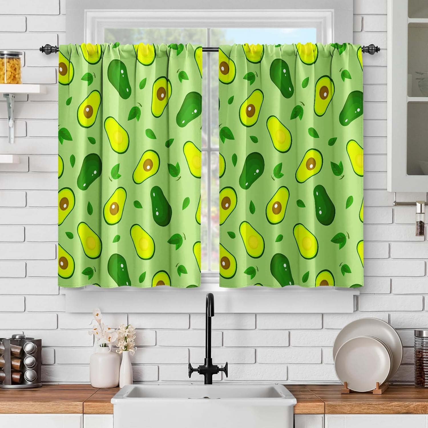 Avocado Green Kitchen Curtains: Farmhouse Rustic Nature Fruit Short ...