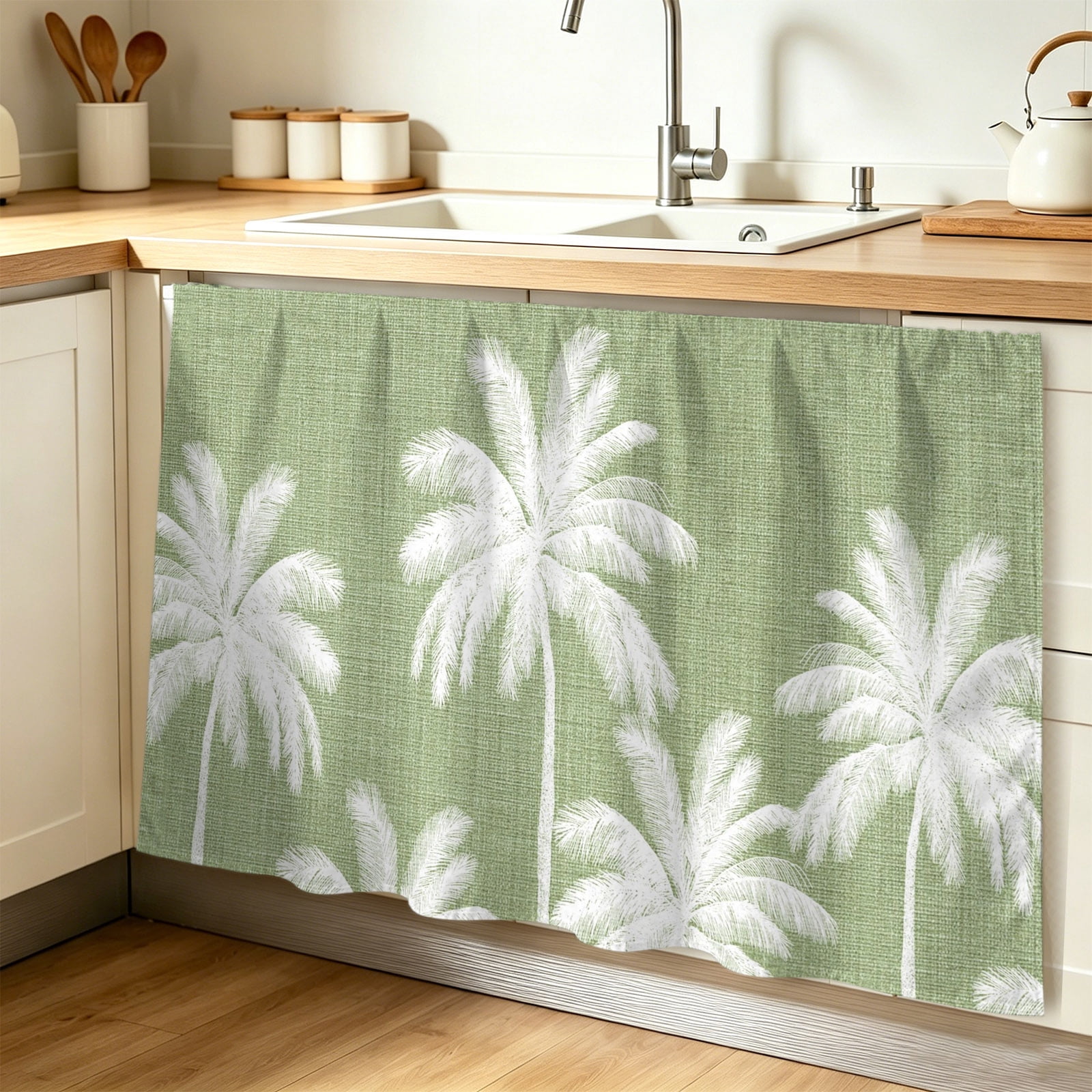 Avocado Green Palm Tree Cabinet Curtains for Shelves, Summer Botancial ...