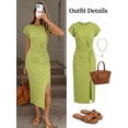 Avocado Green Textured Waist Twist Short Sleeve Midi Dress With High ...