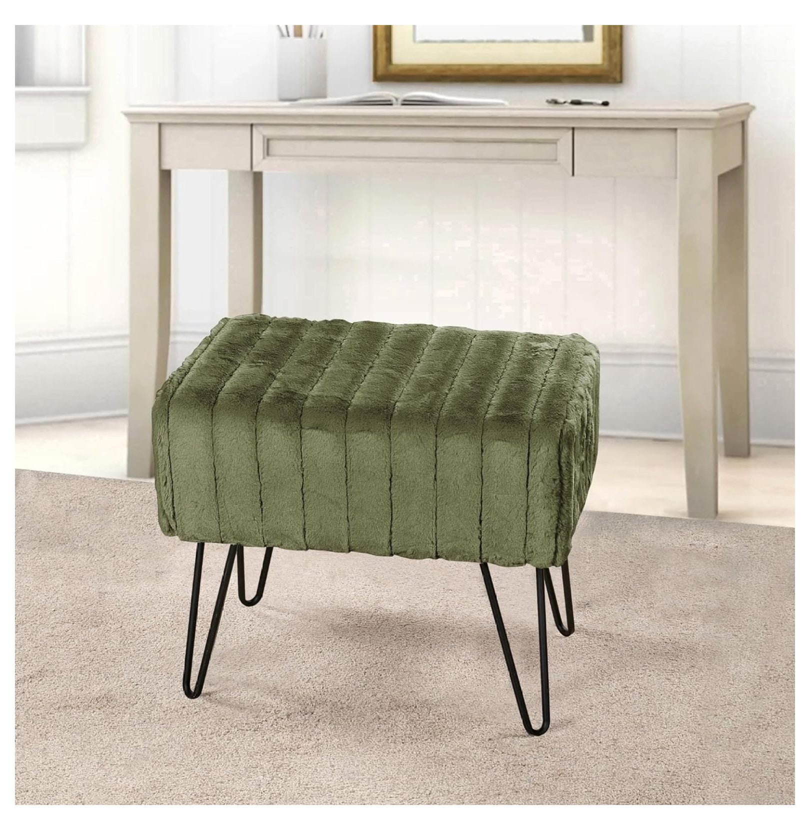 Avocado Green Velvet Tufted Ottoman Entryway Bench 19.5"x12.5"x17"H Comfy Furry Makeup Stools ...