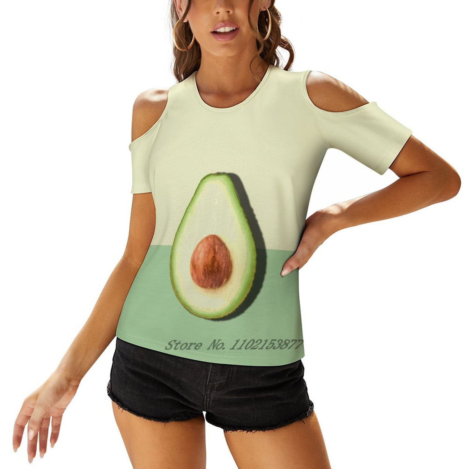 Avocado Half Slice Tropical Fruit Women'S Clothing V-Neck Tops Zipper Tee Ladies Casual Sexy T ...
