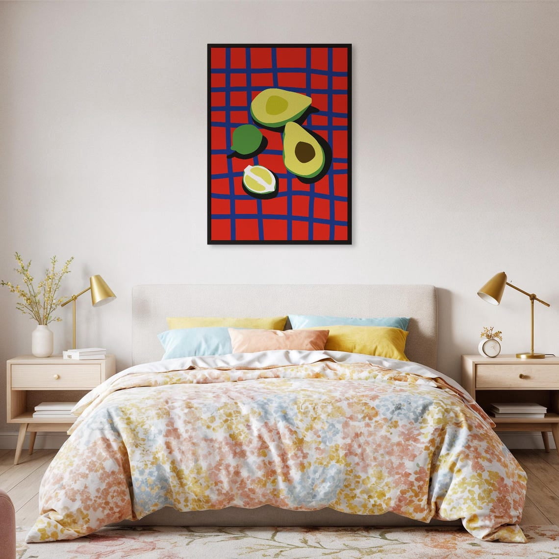 Avocado Kitchen Art Poster Red Blue Grid Wall Decor Bold Fruit Food ...