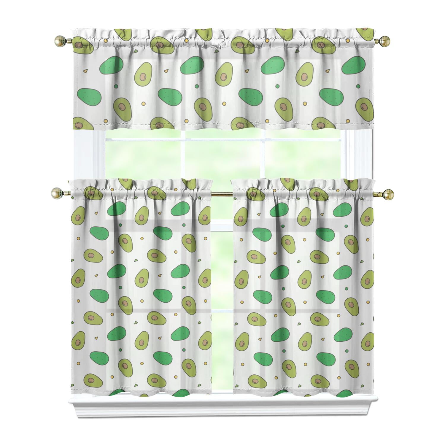Avocado Kitchen Curtains Set Tier and Valance, Cute Kawaii Green Fruit ...