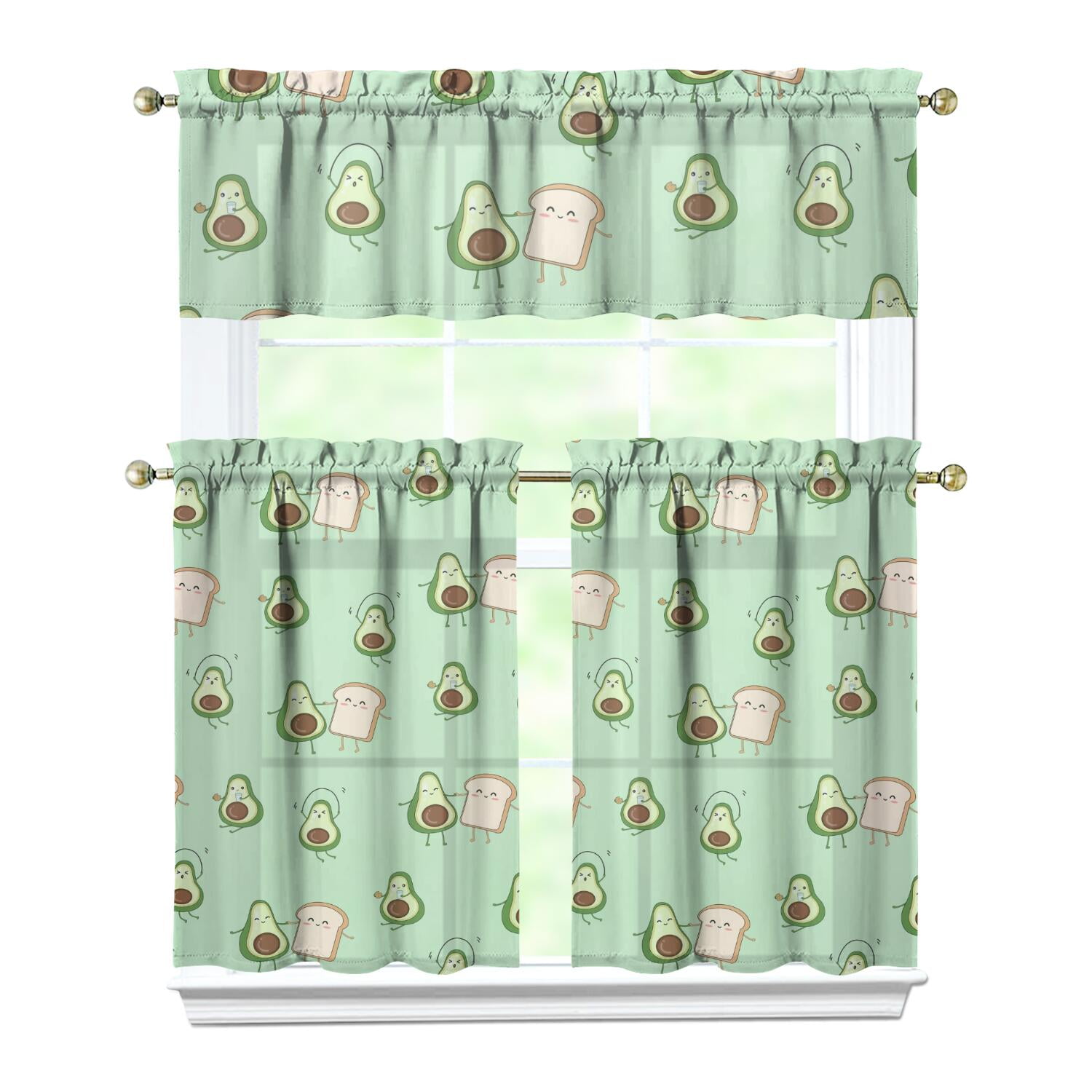 Avocado Lover Kitchen Curtains Set, Kawaii Green Fruit Tier and Valance ...