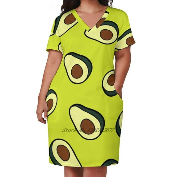 Avocado Pattern Loose Pocket Dress Print Short Sleeve Dresses V-Neck ...