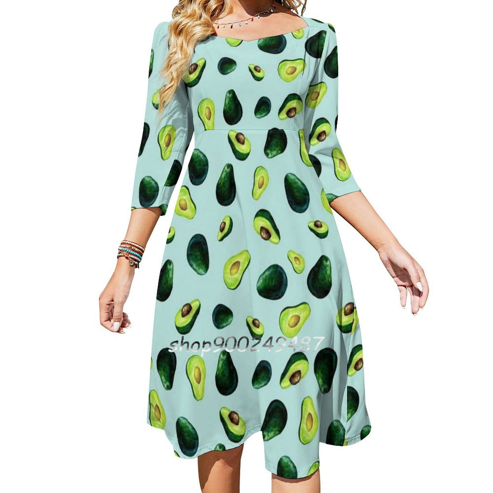 Avocado Pattern Square Neck Dress Cute Loose Print Dresses Elegant ...