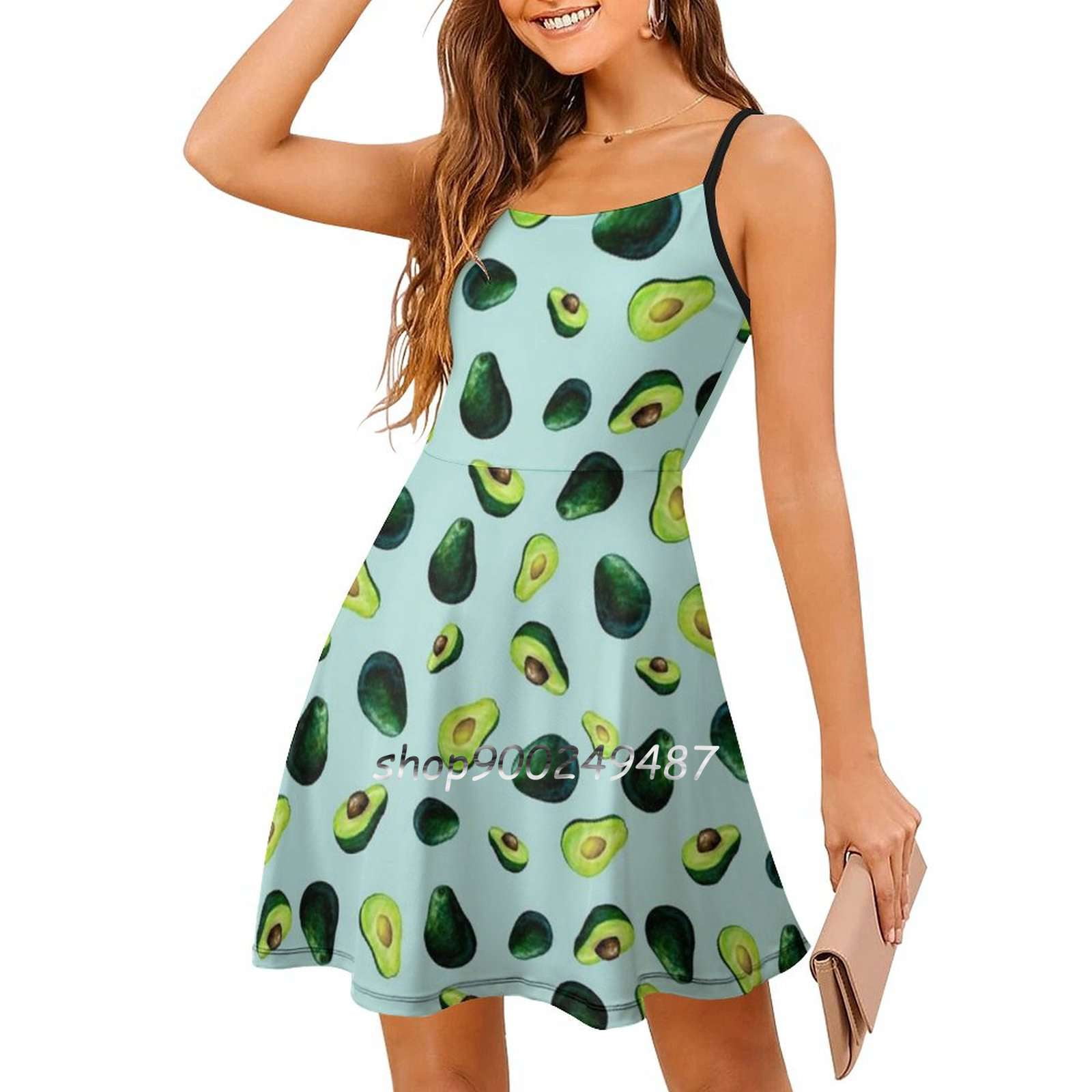 Avocado Pattern Square Neck Dress Cute Loose Print Dresses Elegant ...