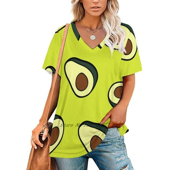 Avocado Pattern Woman Tshirts Printed Tops Zipper V-Neck Top Fashion ...