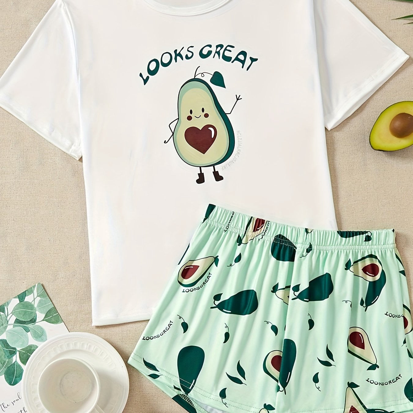 Avocado Print Pajamas Set Cute Short Sleeve Crew Neck Top & Shorts ...