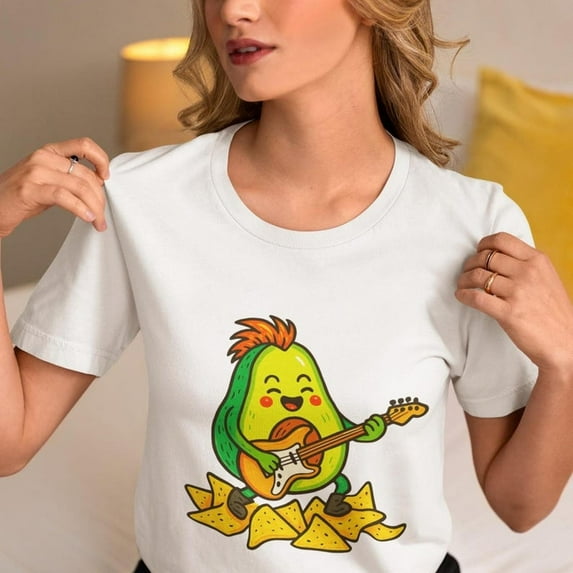 Avocado Rocker T-Shirt, Cartoon Avocado Playing Electric Guitar on ...