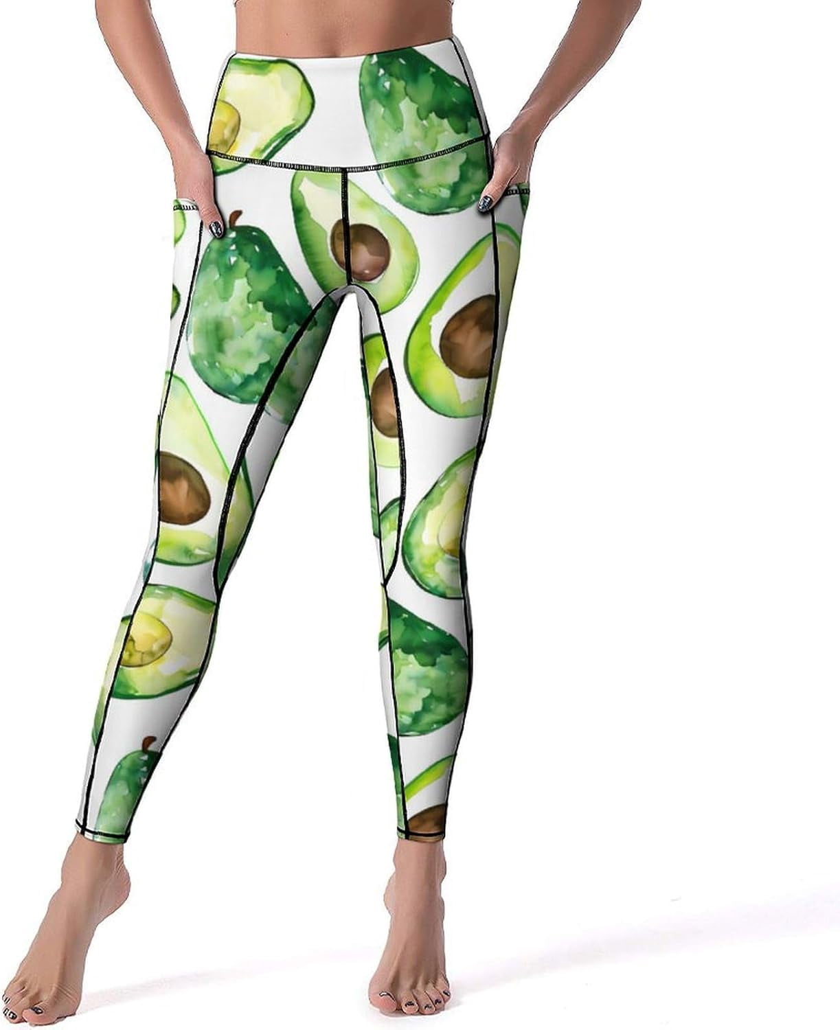 Avocado Slices Watercolor Casual Yoga Pants with Pockets High Waist ...