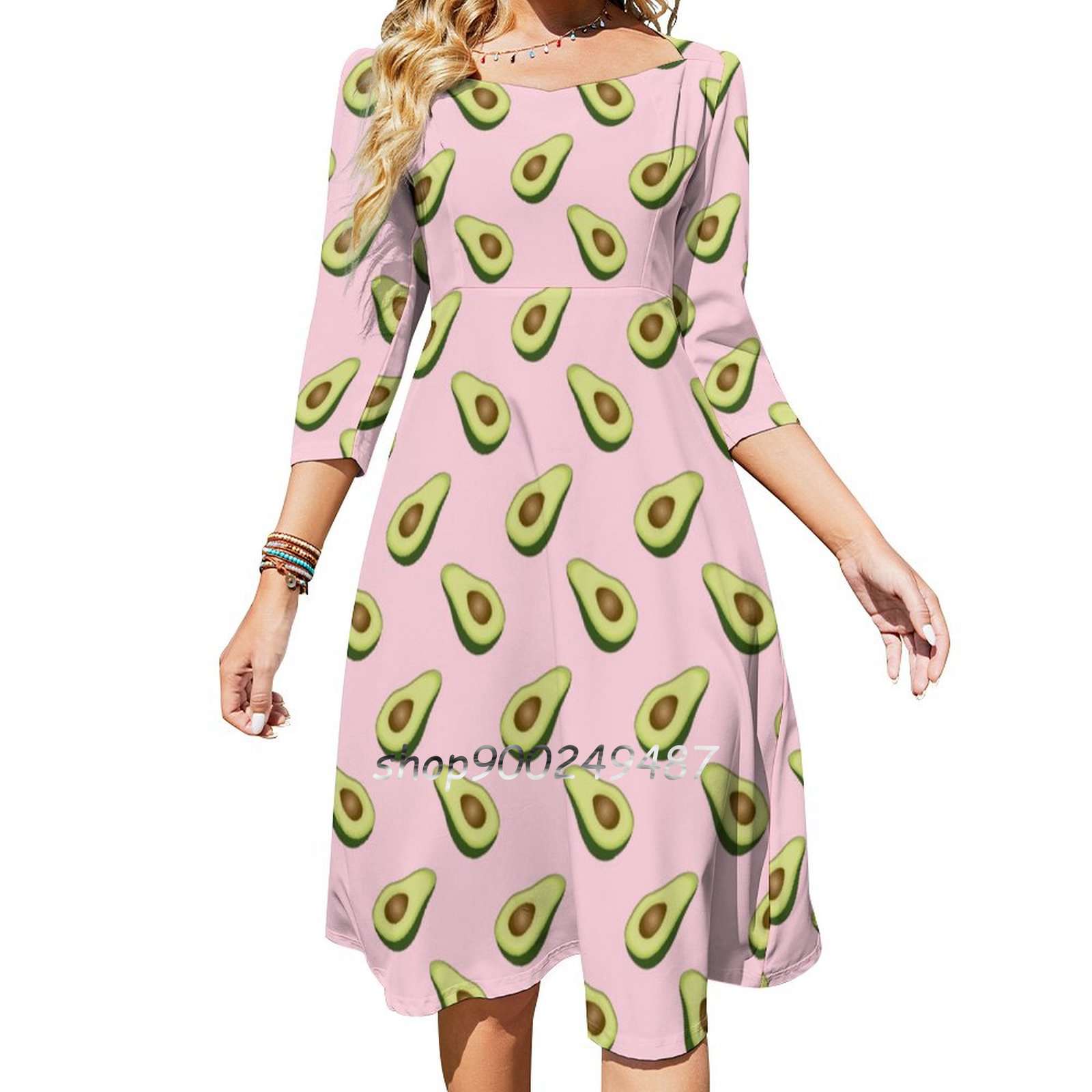 Avocado Sweet Elegant Dress Women Korean Kawaii Square Collar Dress ...