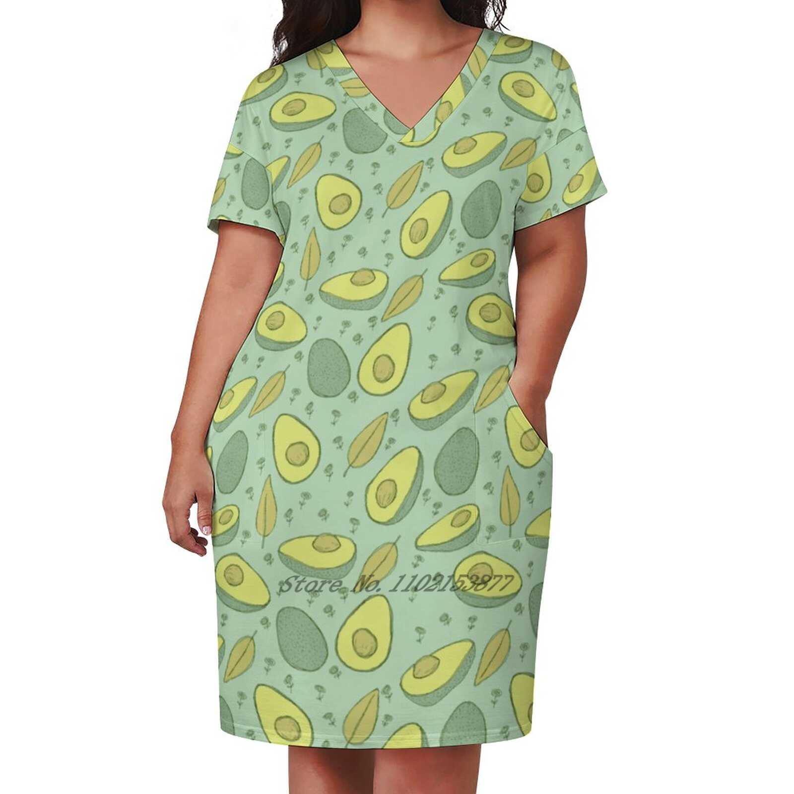 Avocados Loose Pocket Dress Summer Sexy V Neck Dress Print Short Sleeve ...