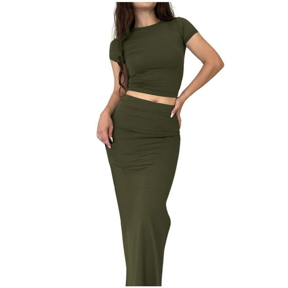 Avolia Women's Solid Color Crew Neck Short Sleeve Top and Ruched Maxi ...