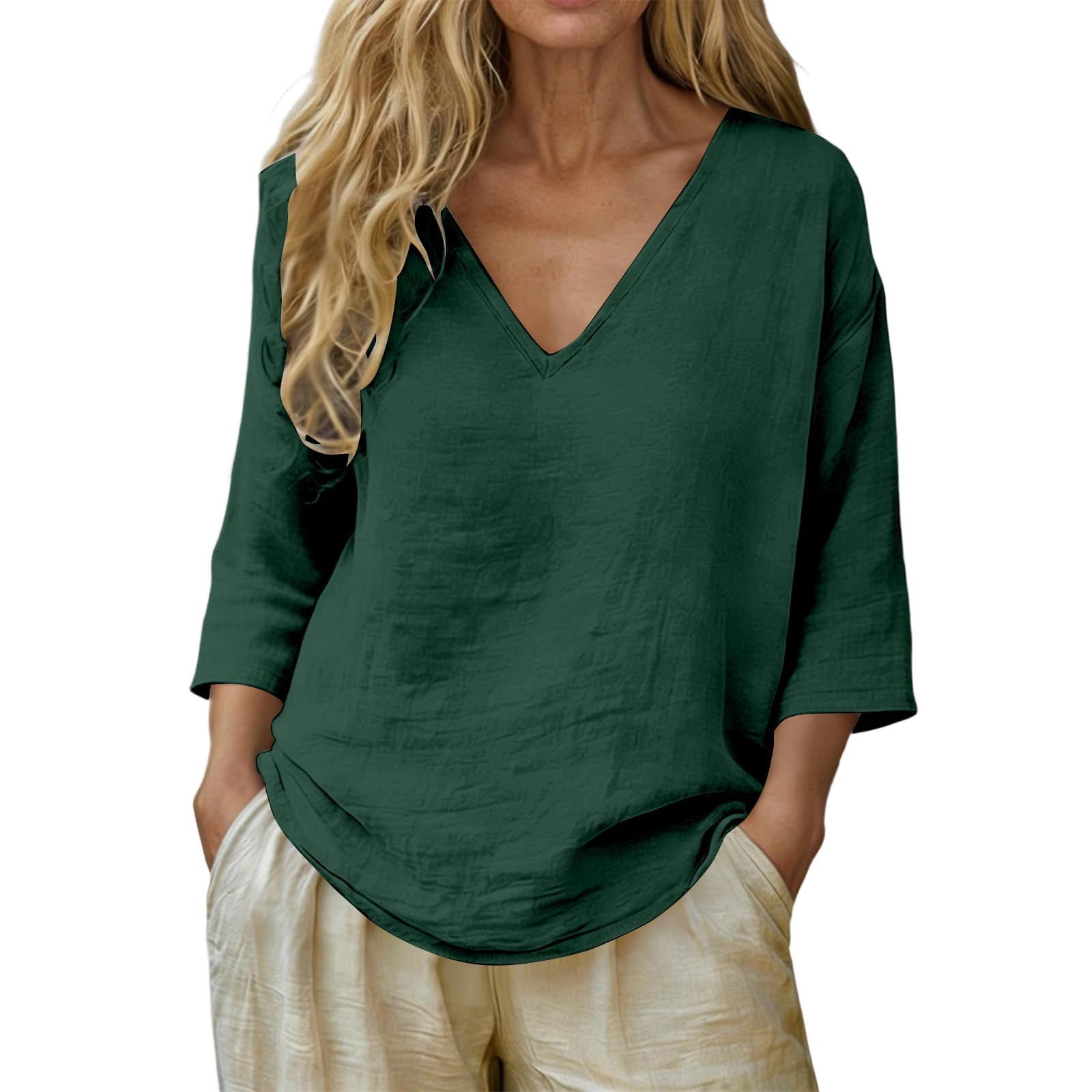 Avolia Womens V-Neck Three-Quarter Sleeve Tee Shirt Top Soft Ring-Spun ...