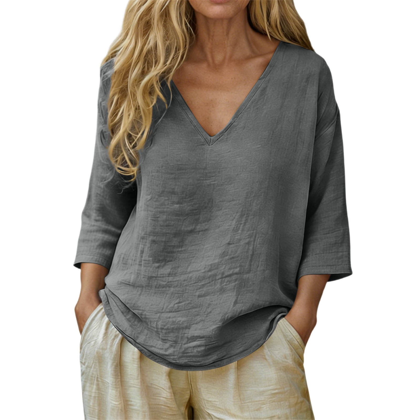 Avolia Womens V-Neck Three-Quarter Sleeve Tee Shirt Top Soft Ring-Spun ...