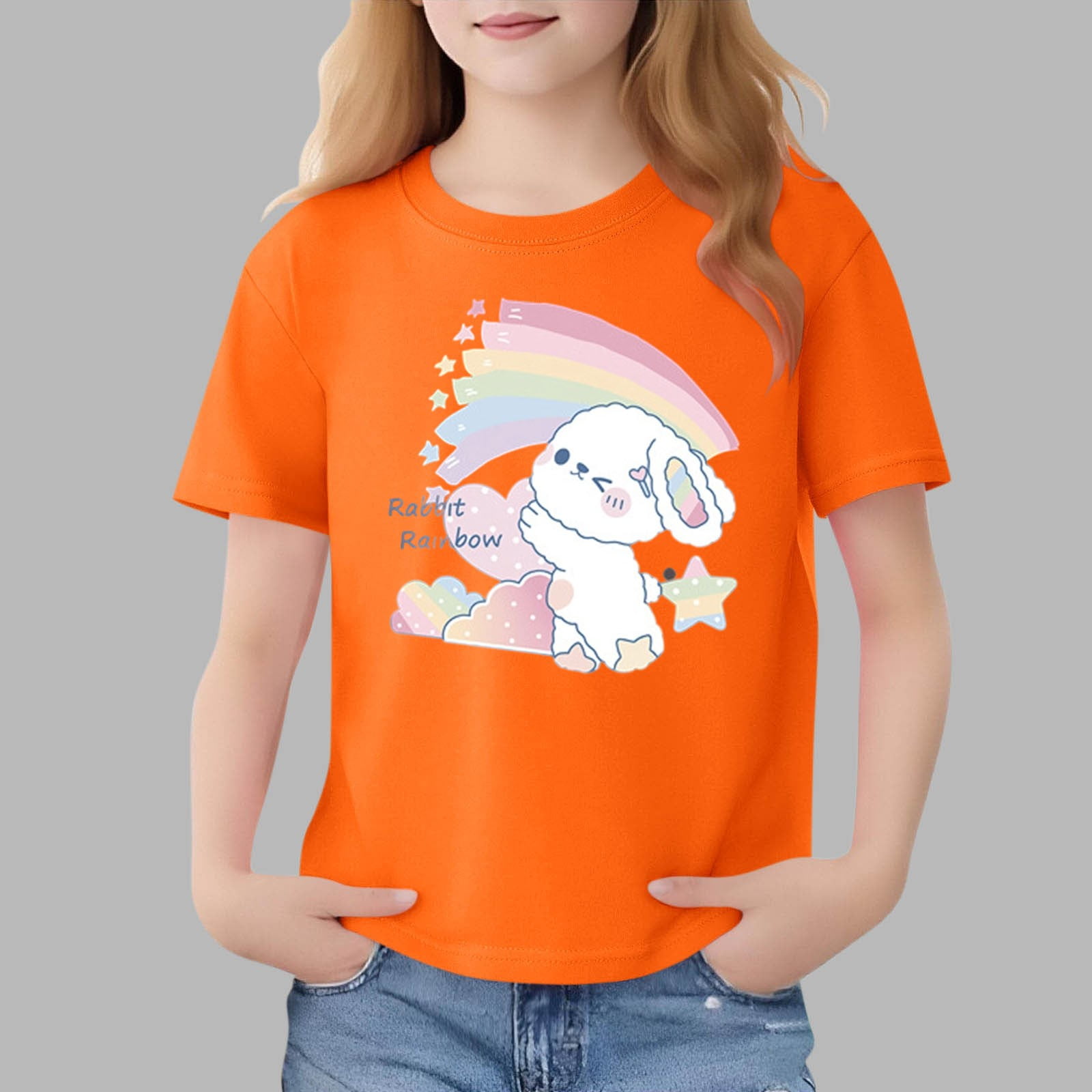 Avrnliq 100% Cotton Girls Orange Rabbit Rainbow Graphic Tee, Crew Neck ...