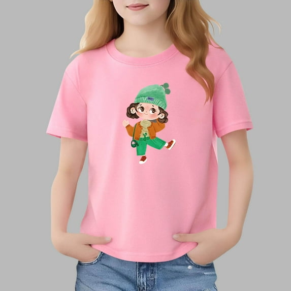 Avrnliq Cartoon Graphic 100% Cotton Girls Crewneck Short Sleeve T-Shirt ...