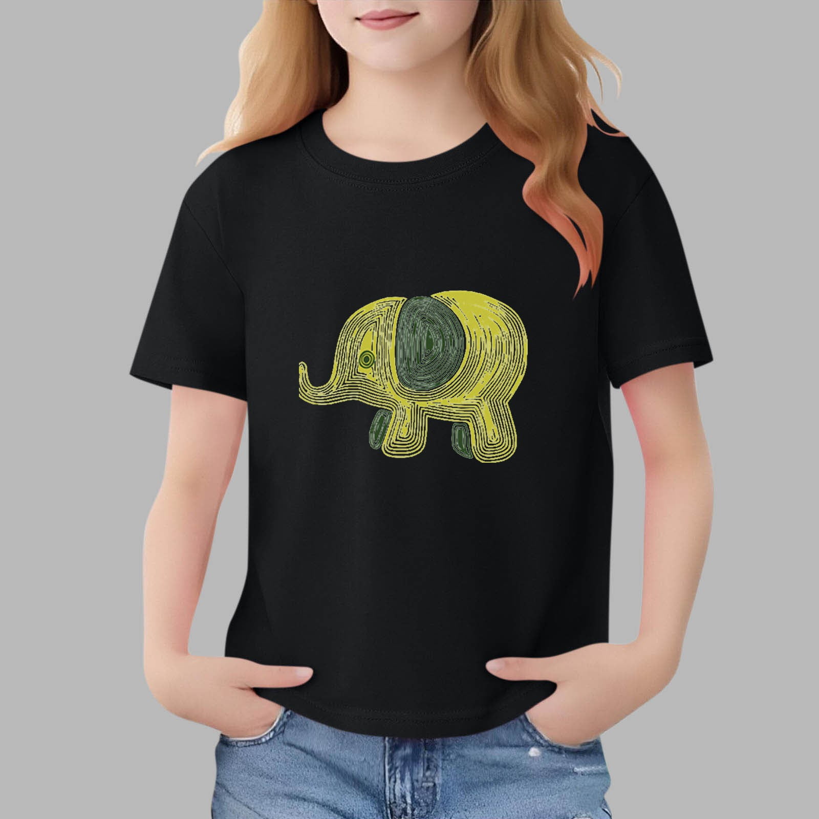 Avrnliq Girls Black Abstract Elephant Line Art T-Shirt - 100% Cotton ...