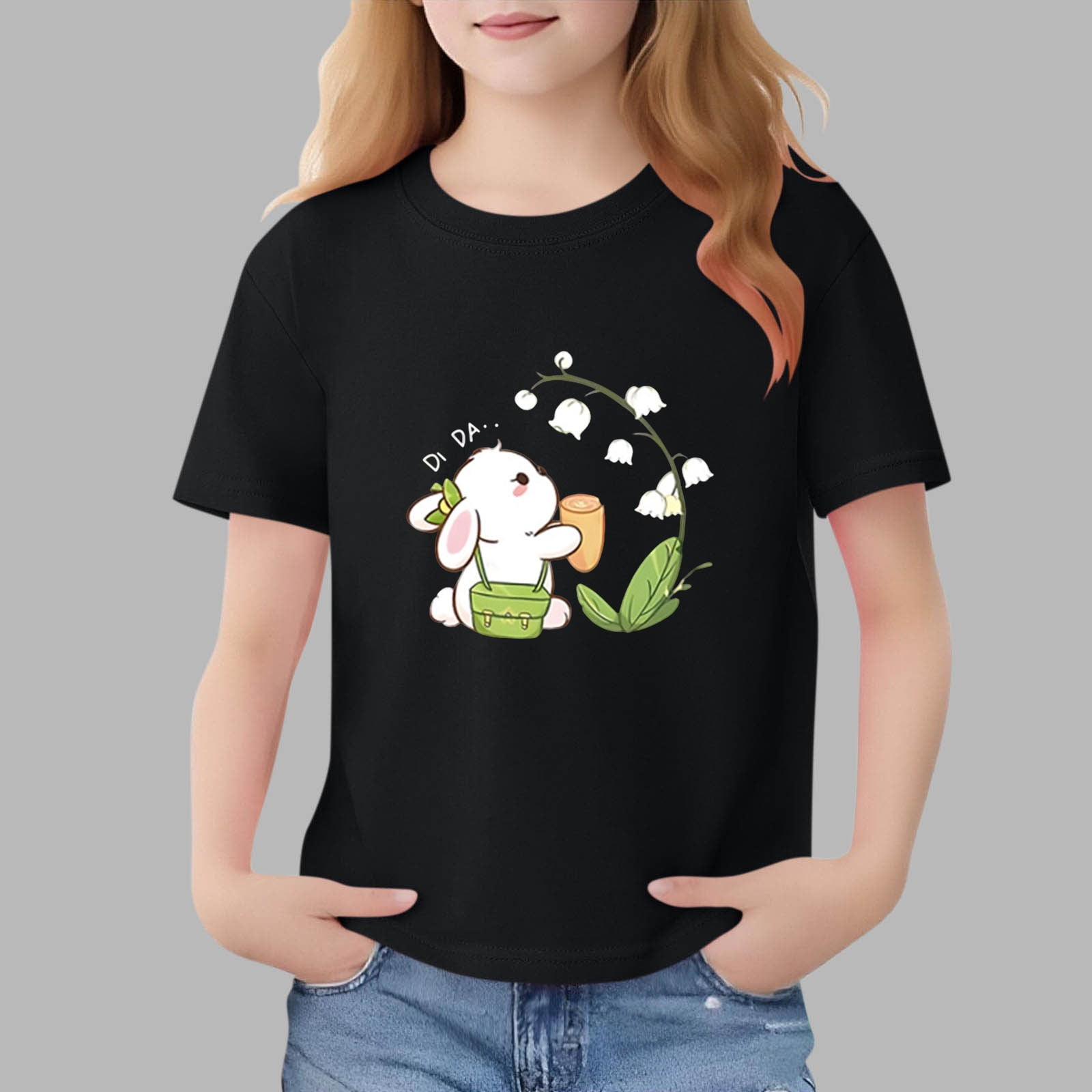 Avrnliq Girls Black Rabbit & Lily of the Valley Graphic Cotton T-Shirt ...