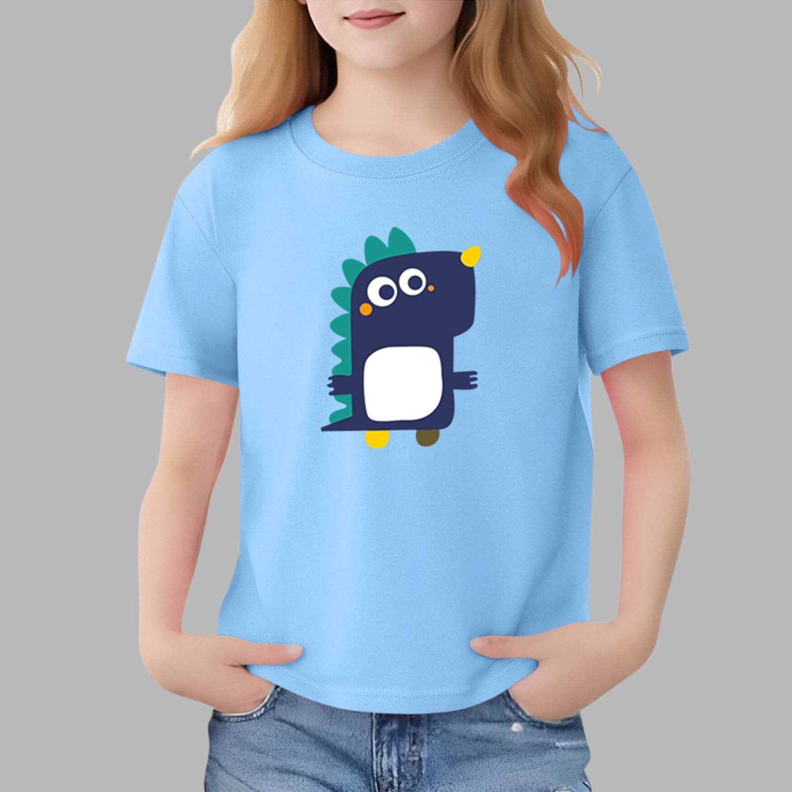 Avrnliq Girls Blue Cartoon Dinosaur T Shirt, 100% Cotton Relaxed Fit ...
