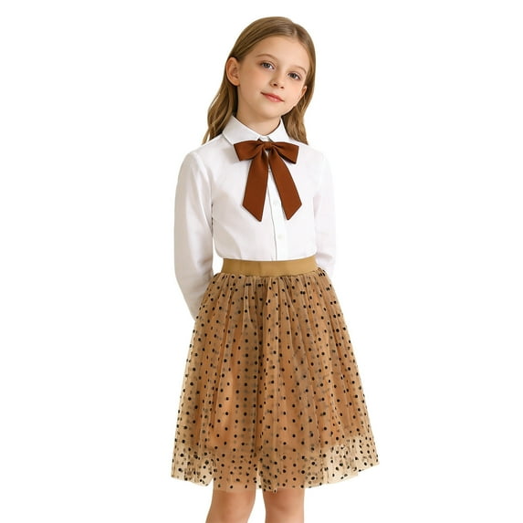 Avrnliq Girls Coffee Polka Dot Tulle Midi Skirt, Elastic Wide Waist ...