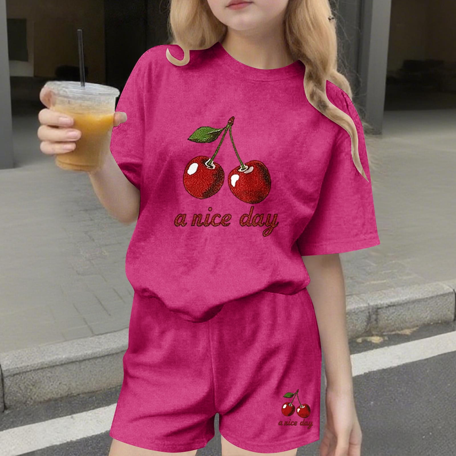Avrnliq Girls Hot Pink Cherry Print Graphic Tee Casual Short Sleeve ...