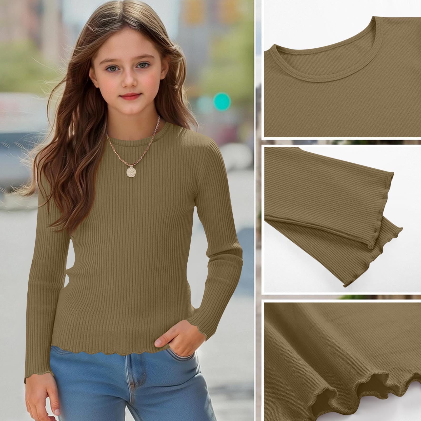 Avrnliq Girls Long Sleeve Ribbed Knit Top Brown, Soft Stretch Seamless ...