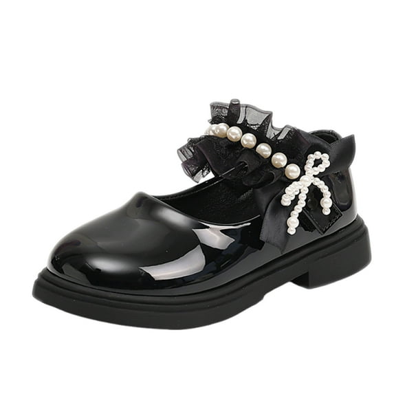 Avrnliq Girls Mary Jane Shoes Black Patent Faux Leather with Pearl Bow ...