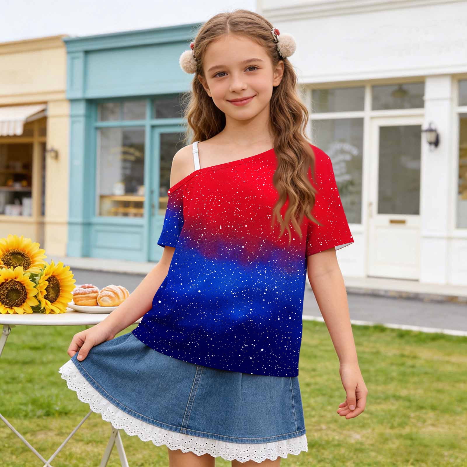Avrnliq Girls Off Shoulder 4th of July Shirt Kids Patriotic Star Print ...