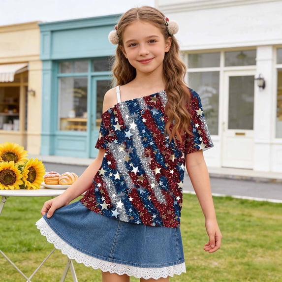 Avrnliq Girls Off-Shoulder Patriotic Star Print Top 4th of July Red ...