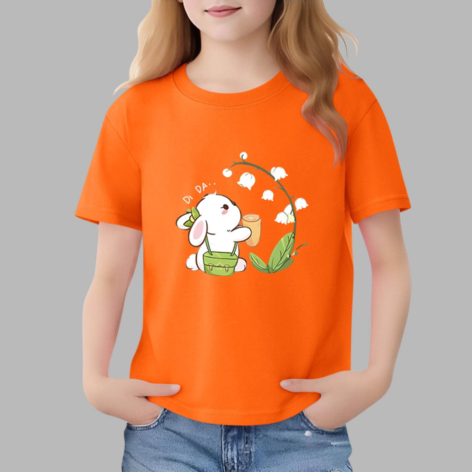 Avrnliq Girls Orange Rabbit & Lily of the Valley Graphic Cotton T-Shirt ...