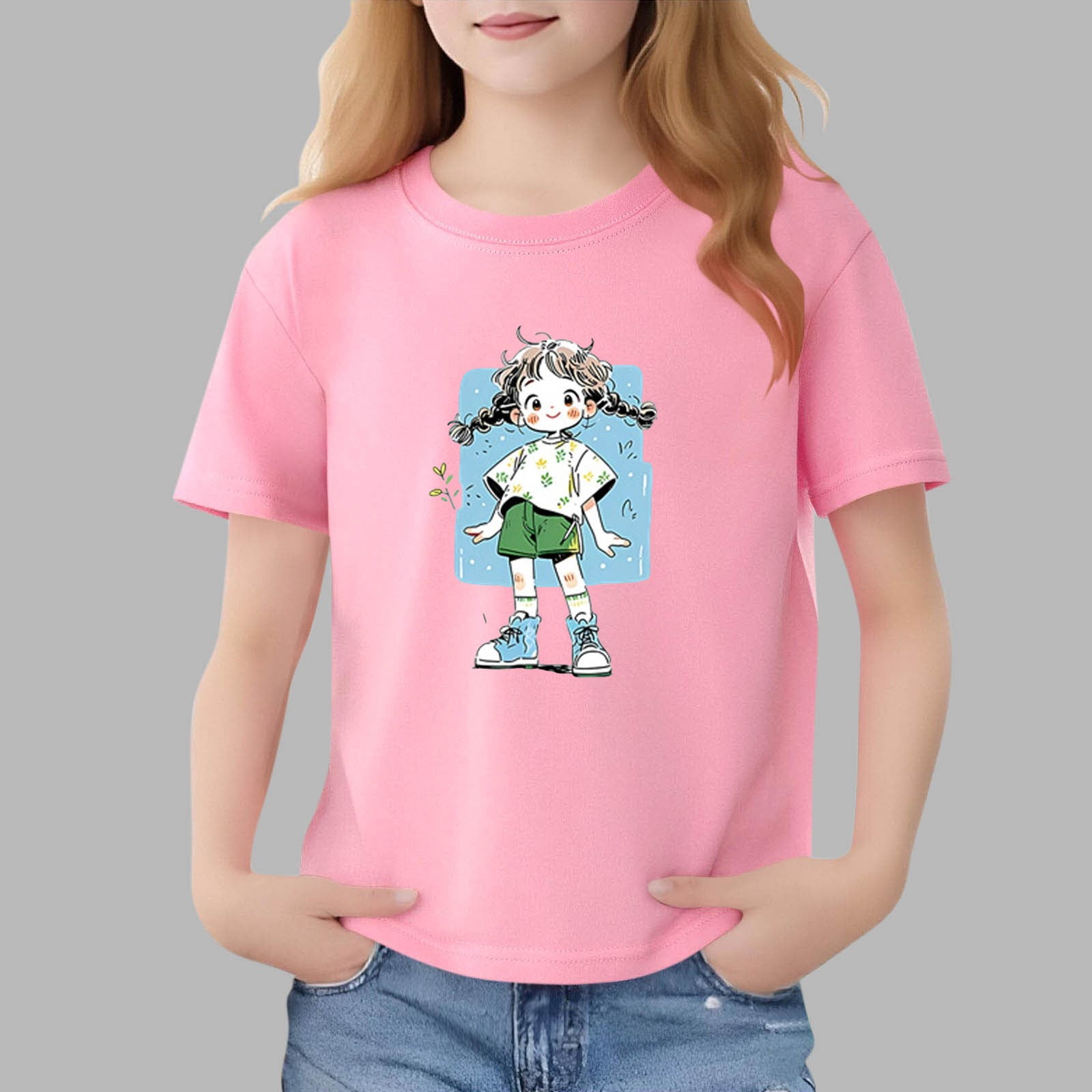 Avrnliq Girls' Pink Cartoon Graphic 100% Cotton Crewneck Short Sleeve ...