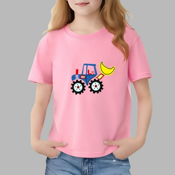 Avrnliq Girls' Pink Cartoon Tractor Cotton T-Shirt, Soft Breathable ...