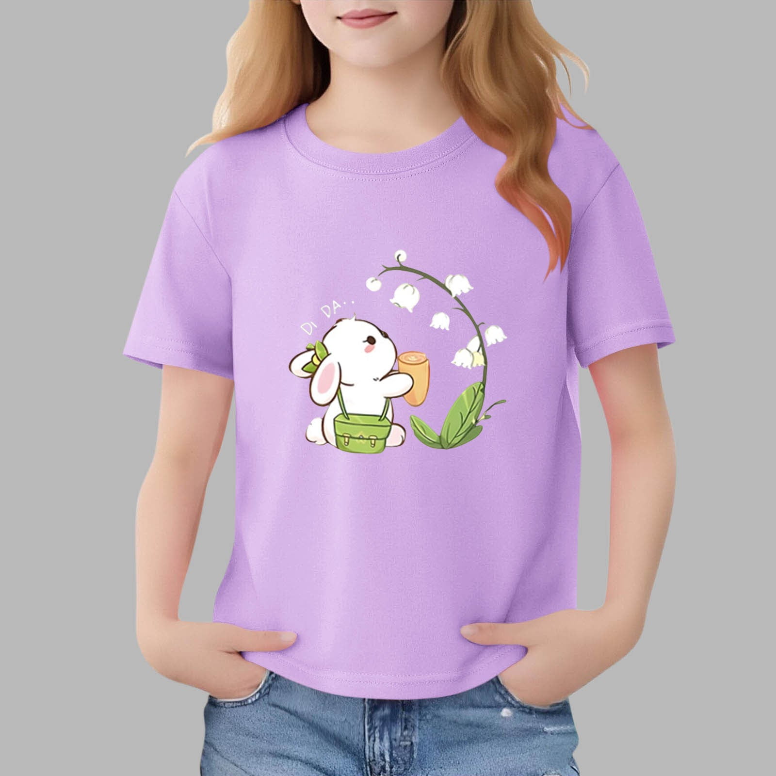 Avrnliq Girls Purple Rabbit & Lily of the Valley Graphic Cotton T-Shirt ...