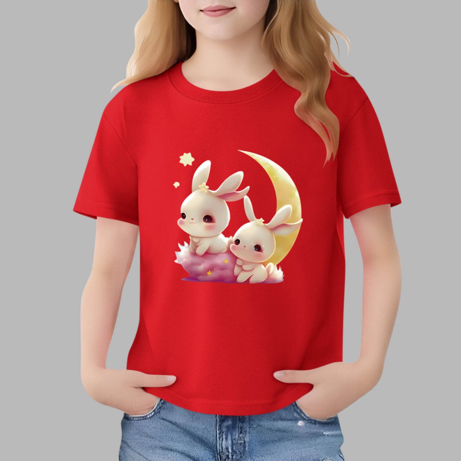 Avrnliq Girls Red Bunny & Moon Graphic 100% Cotton Short Sleeve Crew ...