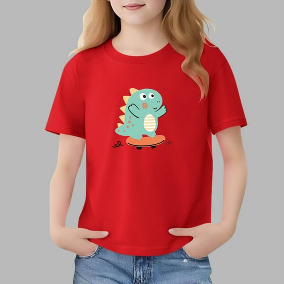 Avrnliq Girls Red Dinosaur Skateboard Graphic Cotton T-Shirt, Fade ...