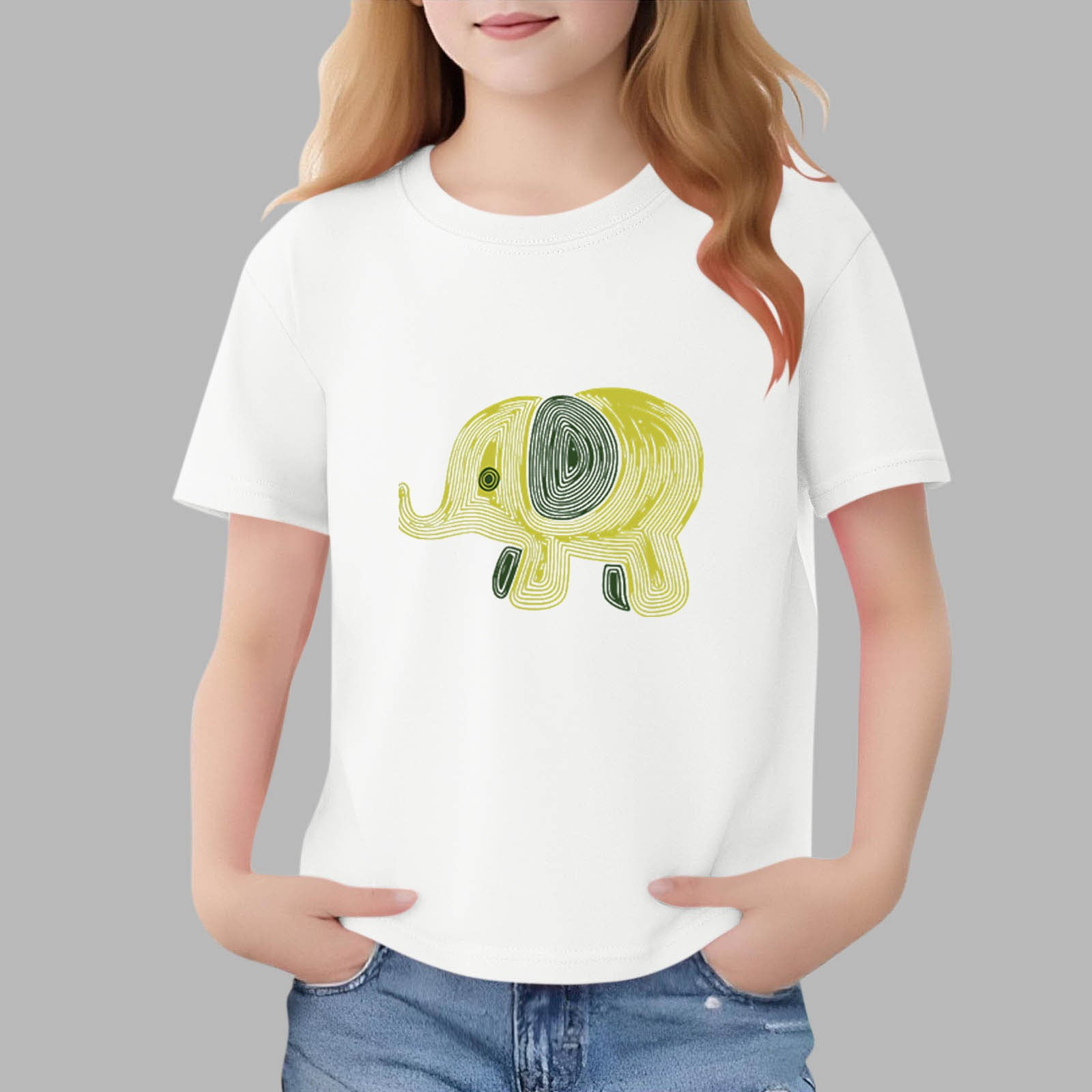 Avrnliq Girls White 100% Cotton Abstract Elephant Line Art Tee Fade ...