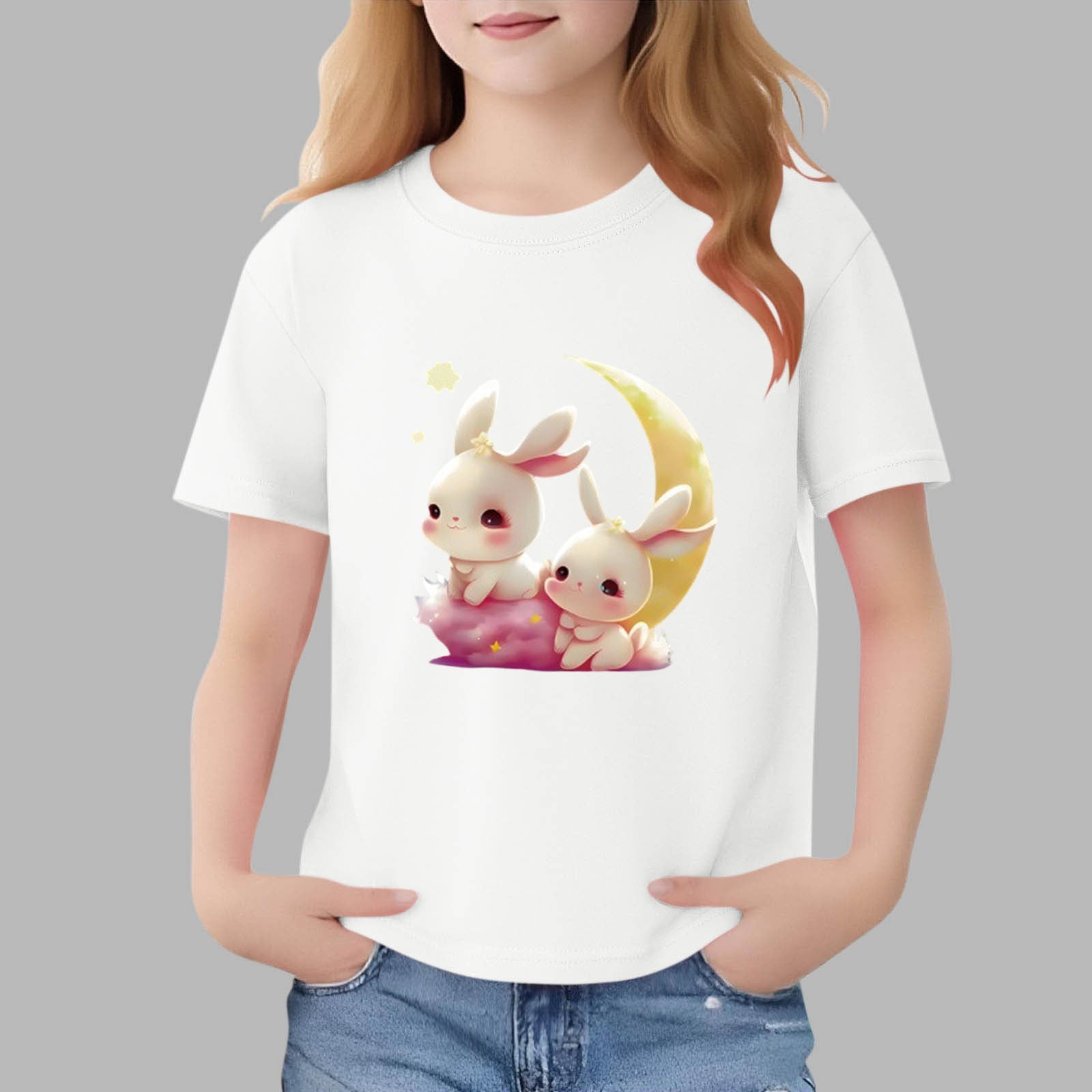 Avrnliq Girls White Bunny & Moon Graphic 100% Cotton Short Sleeve Crew ...