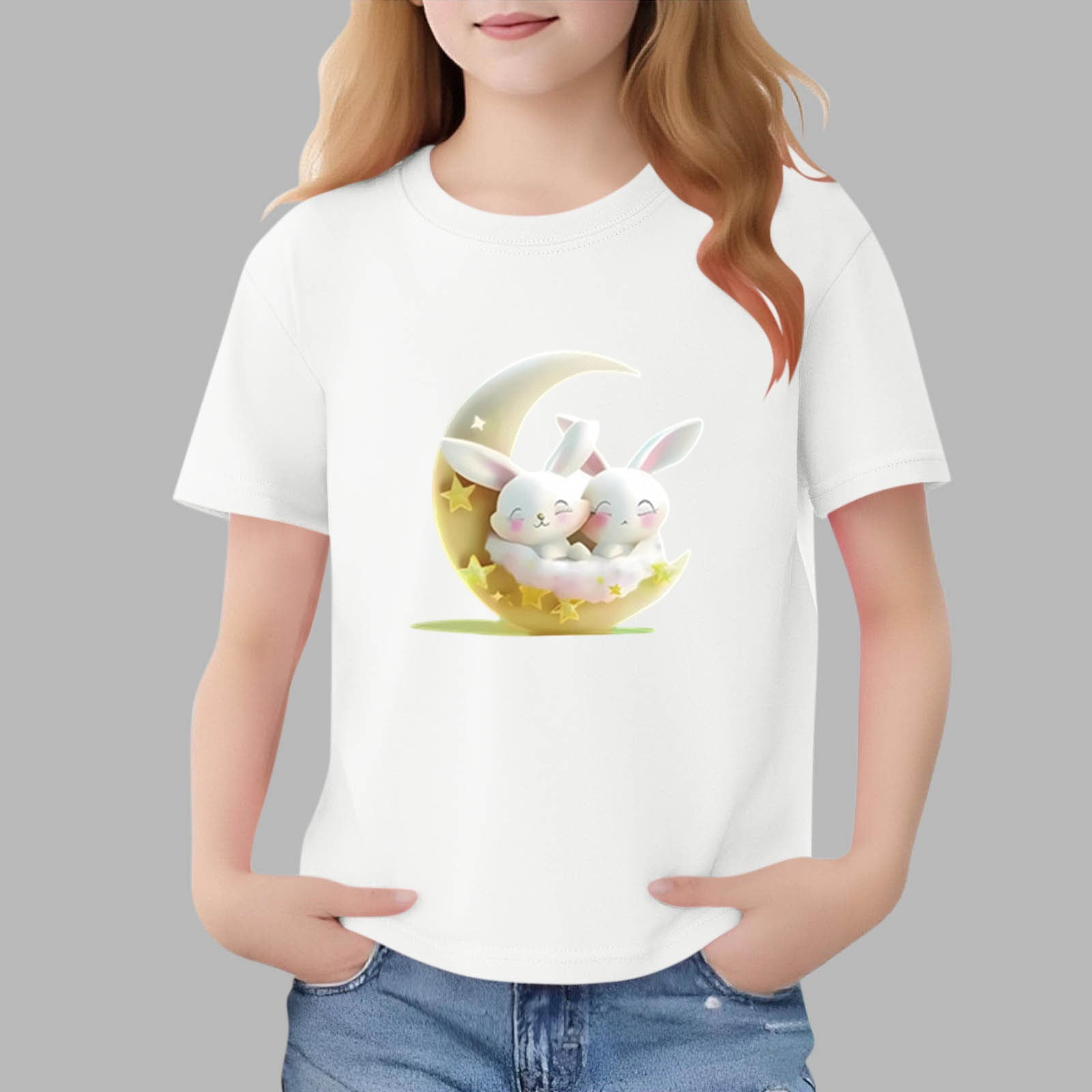 Avrnliq Girls White Bunny Moon Graphic Cotton T-Shirt, Tag-Free Crew ...