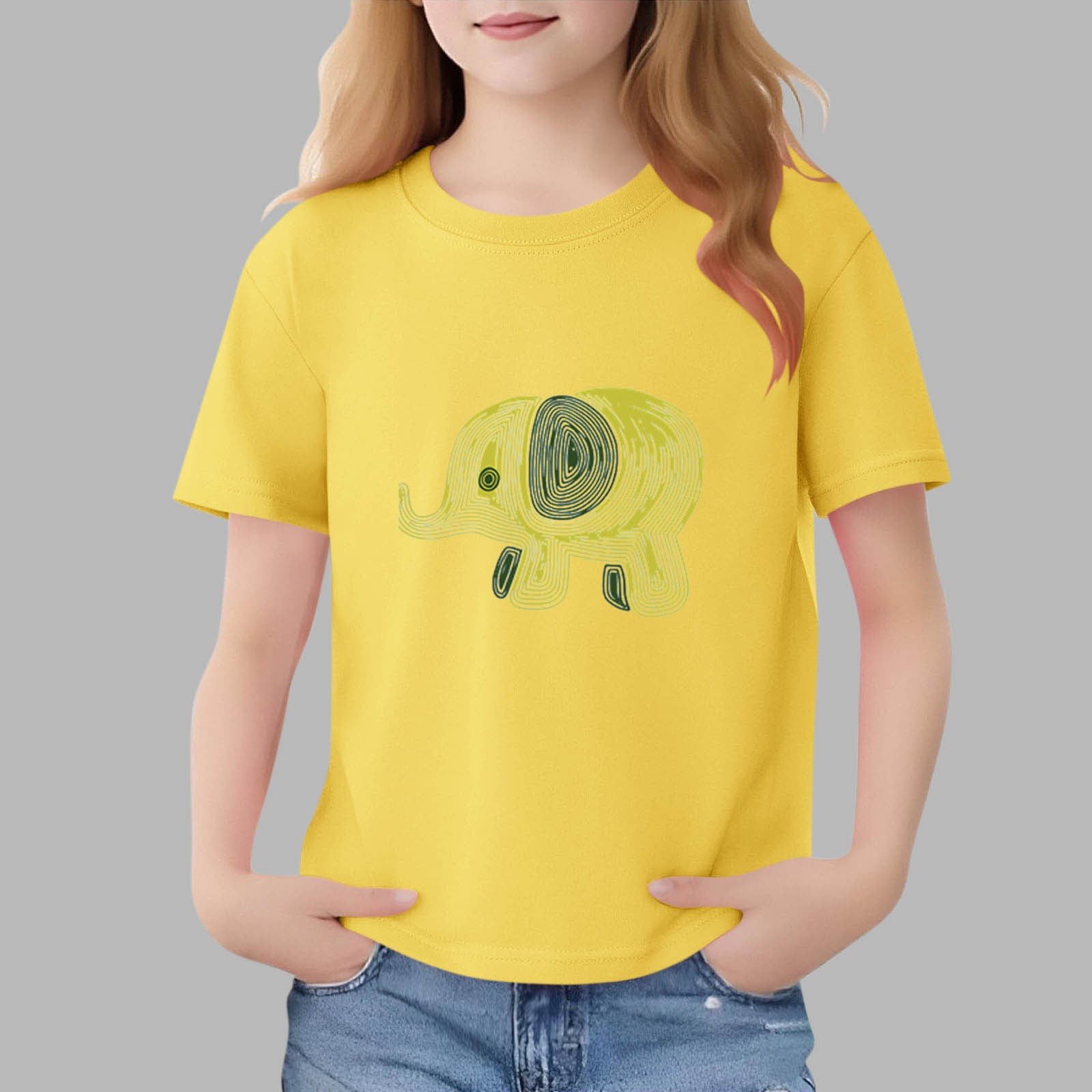 Avrnliq Girls Yellow 100% Cotton Abstract Elephant Line Art T-Shirt ...
