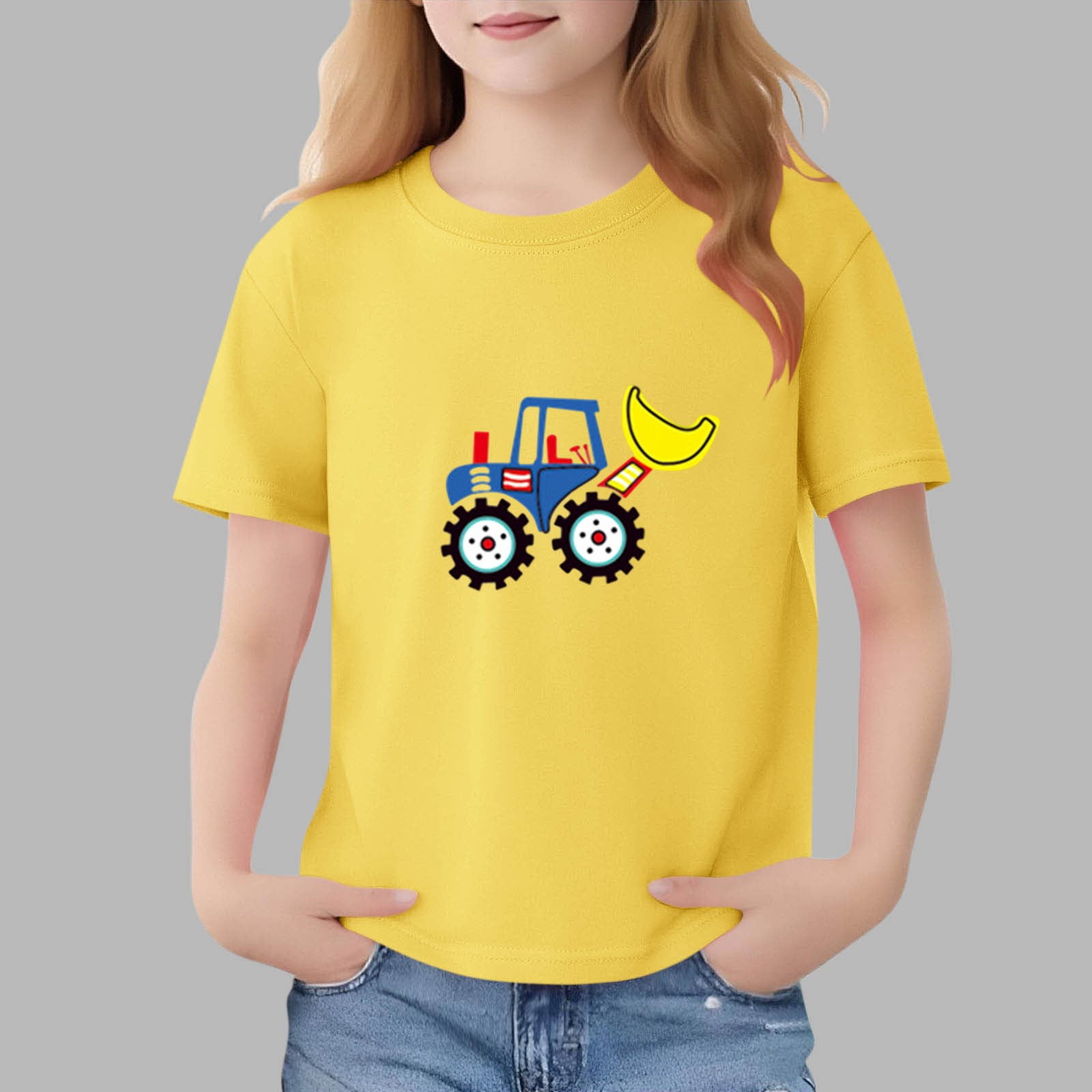 Avrnliq Girls Yellow Cartoon Tractor Print Cotton T-Shirt, Breathable ...