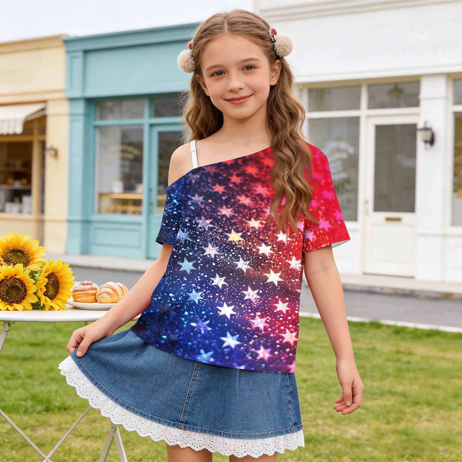 Avrnliq Kids Off Shoulder T-Shirt Girls 4th of July Shirt Patriotic ...